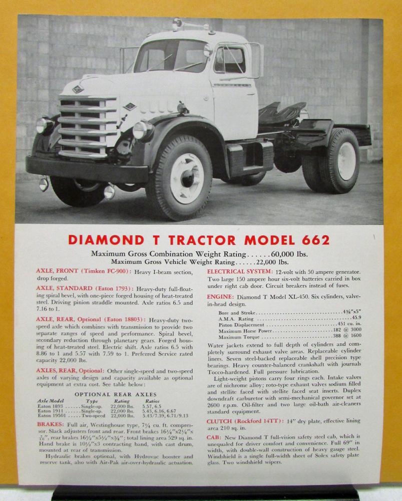 1964 Diamond T Truck Tractor Model 662 Specification Sheet