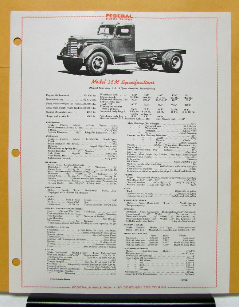 1948 Federal Truck Model 35M Specification Sheet
