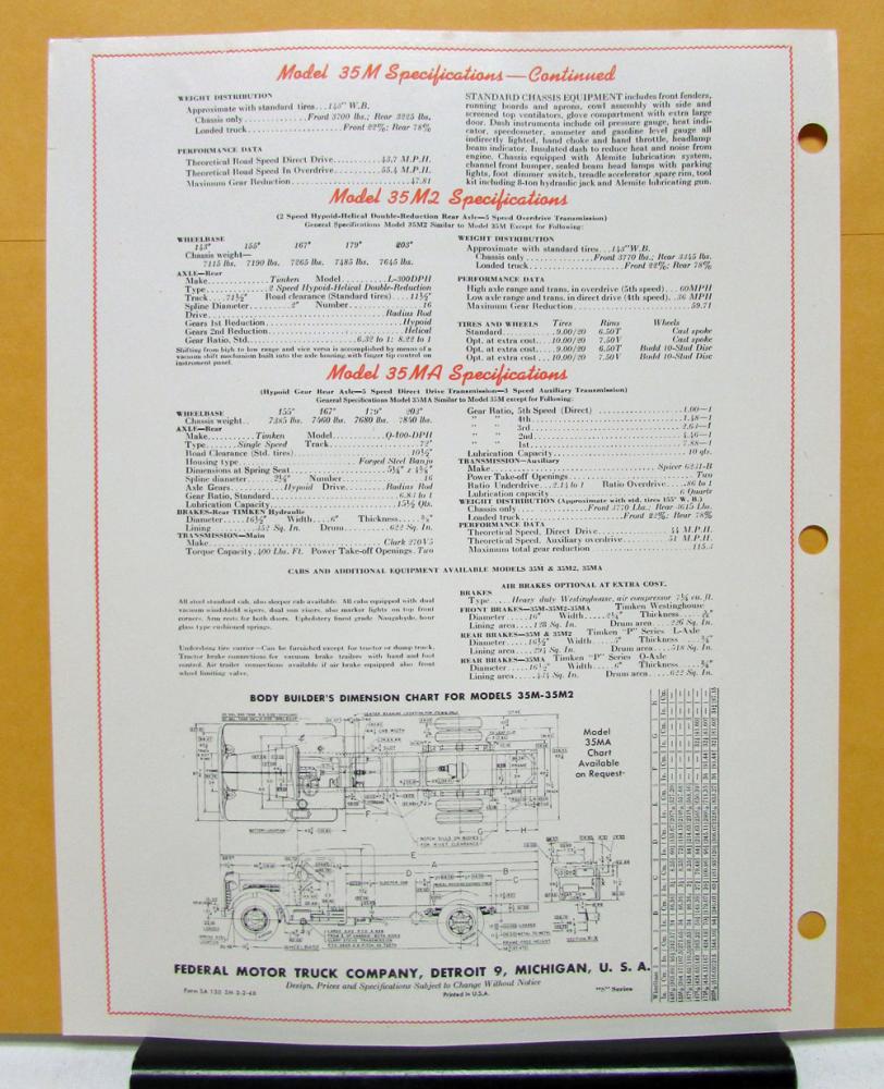 1948 Federal Truck Model 35M Specification Sheet
