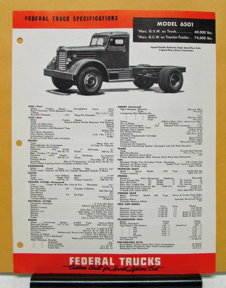 1954 Federal Truck Model 6501 Specification Sheet