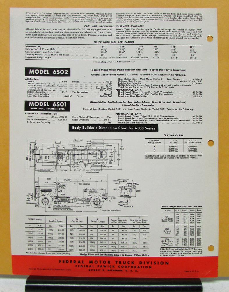 1954 Federal Truck Model 6501 Specification Sheet