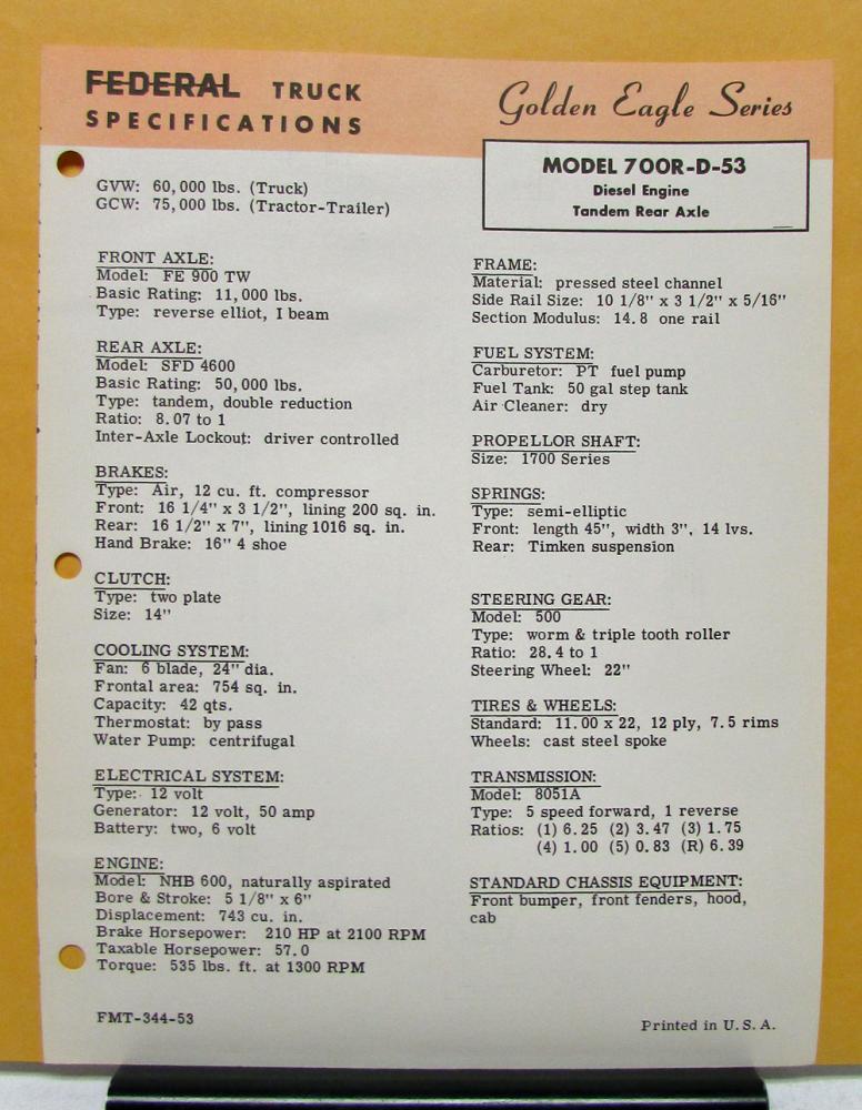1950 1951 1952 1953 1954 1955 Federal Truck Model 700R D 53 ...
