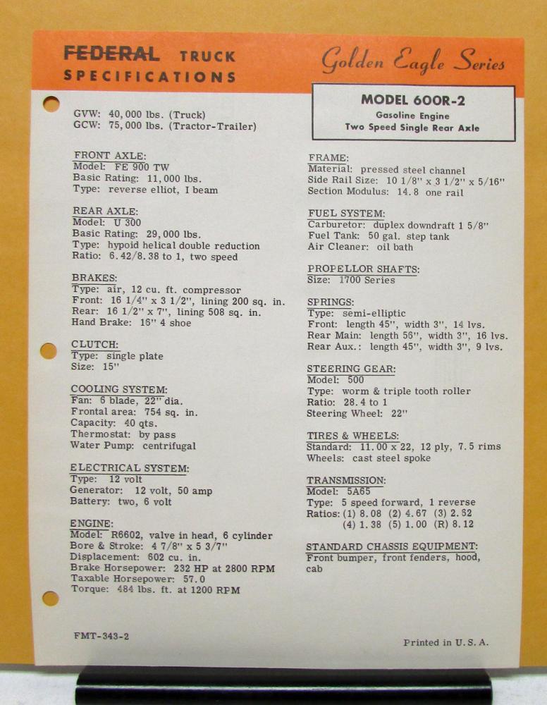 1955 1956 1957 1958 1959 Federal Truck Model 600R 2 Specification Sheet