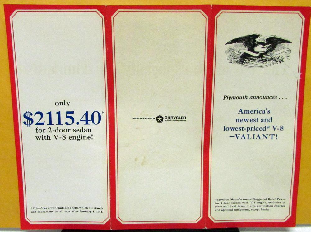 1964 Plymouth Valiant Dealer Sales Brochure Folder V-8 Compact Model