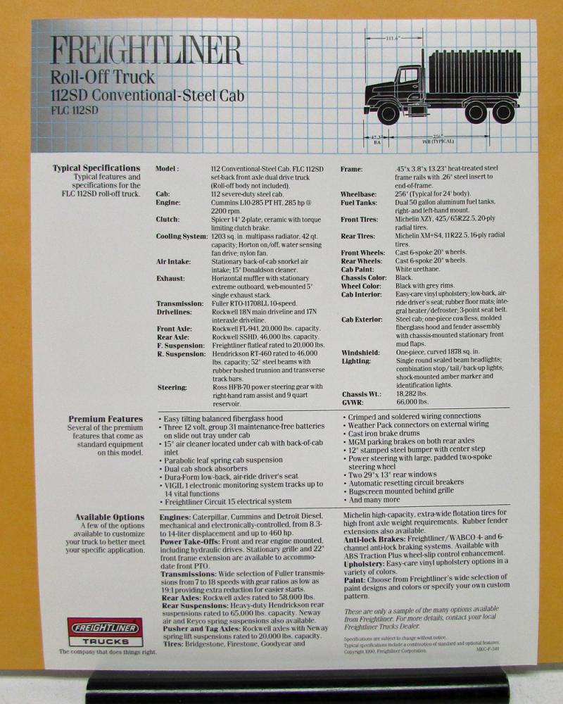 1990 Freightliner Model FLC112SD Roll Off Truck Specification Sheet