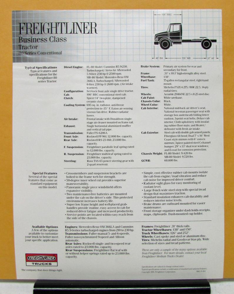1991 Freightliner Truck Series 80 Business Class Tractor Specification ...