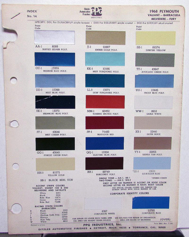 1968 Plymouth & Valiant Color Paint Chips Sheet PPG Belvedere Road ...