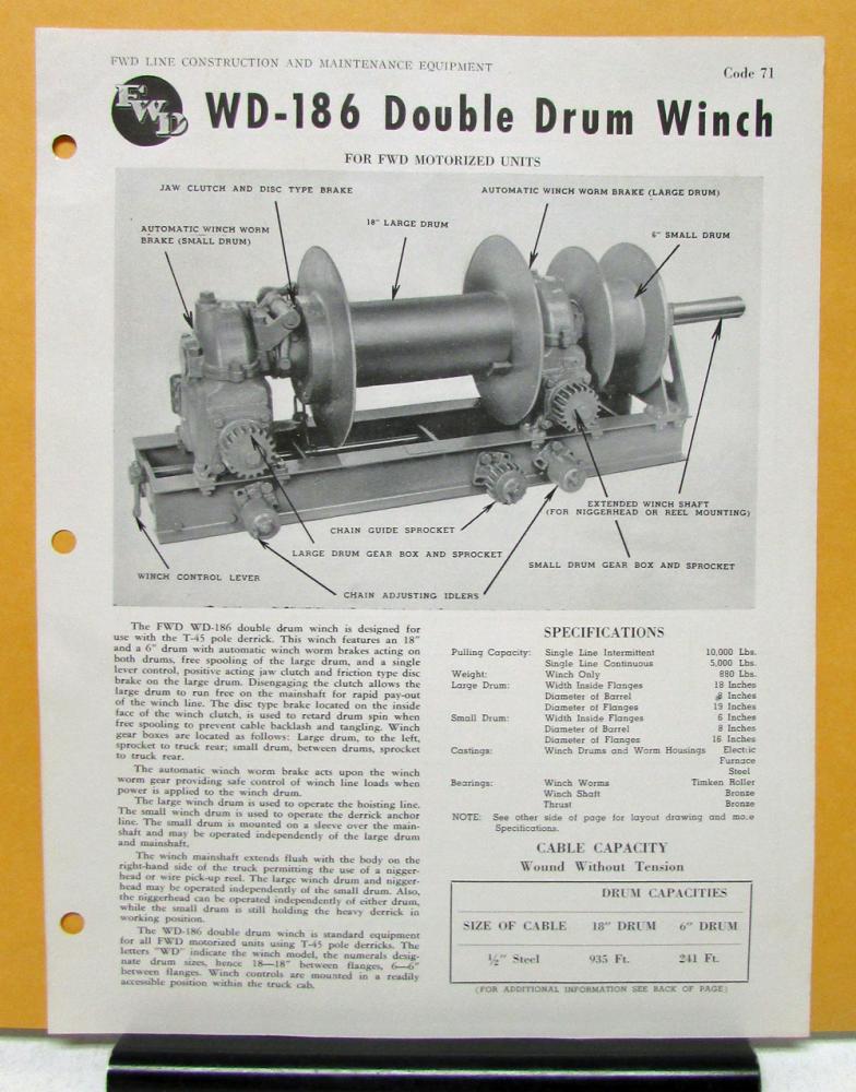 1949 FWD Truck Winch Model WD 186 Double Drum Sales Brochure ...