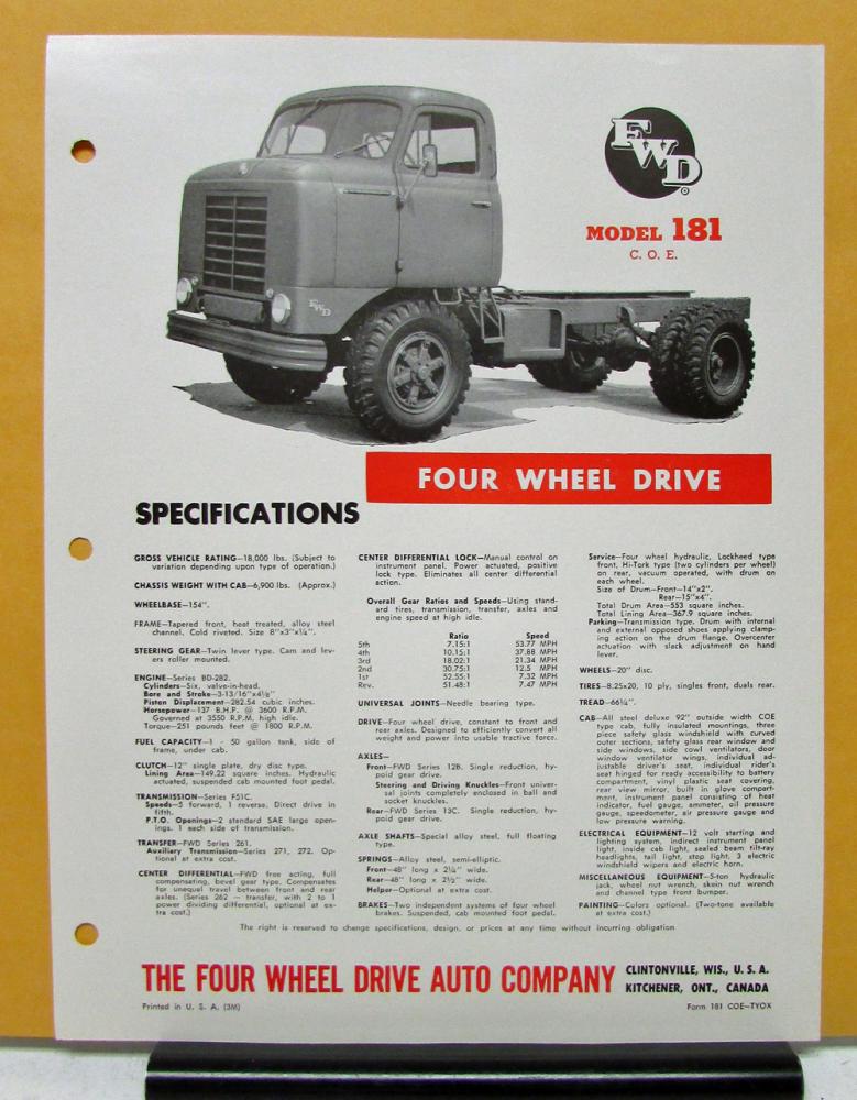 1955 1956 1957 FWD Truck Model 181 COE Specification Sheet