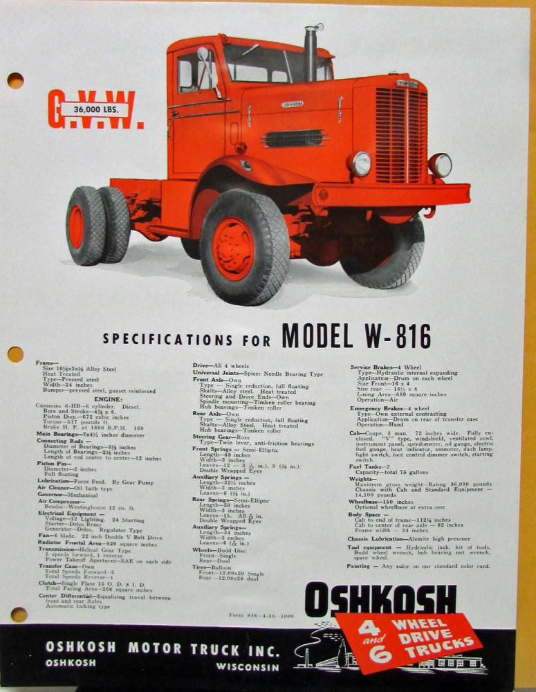 1958 OSHKOSH Truck Model W 816 Specification Sheet