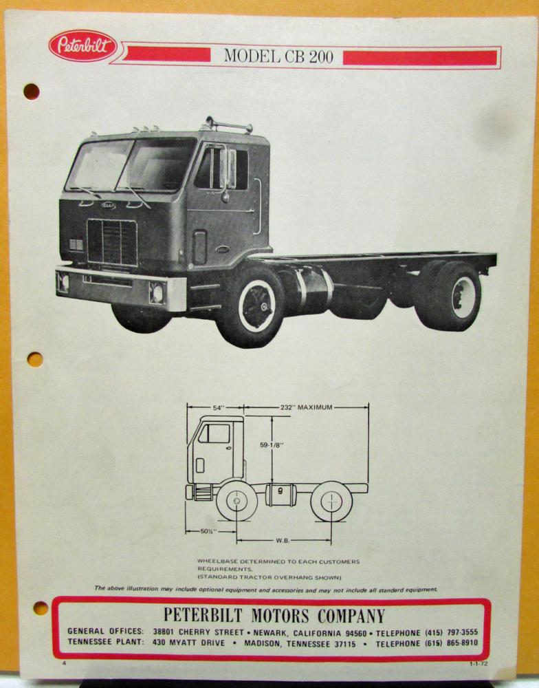 1972 Peterbilt Truck Model CB 200 Specification Sheet