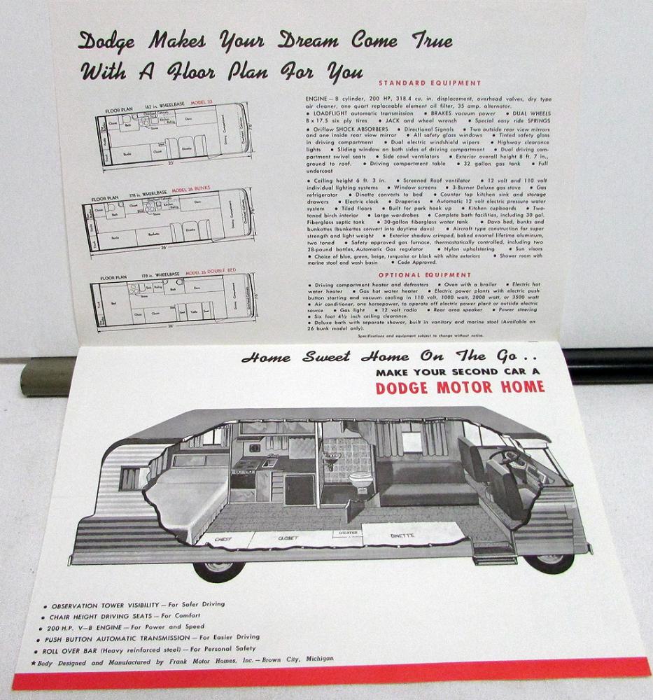 1962 Dodge Motor Home Models 23 & 26 Sales Folder Dimensions & Floor ...