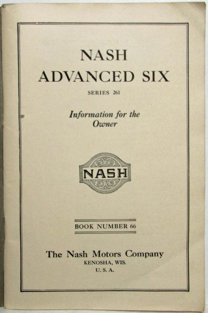 1926 Nash Advanced Six Series 261 Owners Manual Book #66 Care Operation
