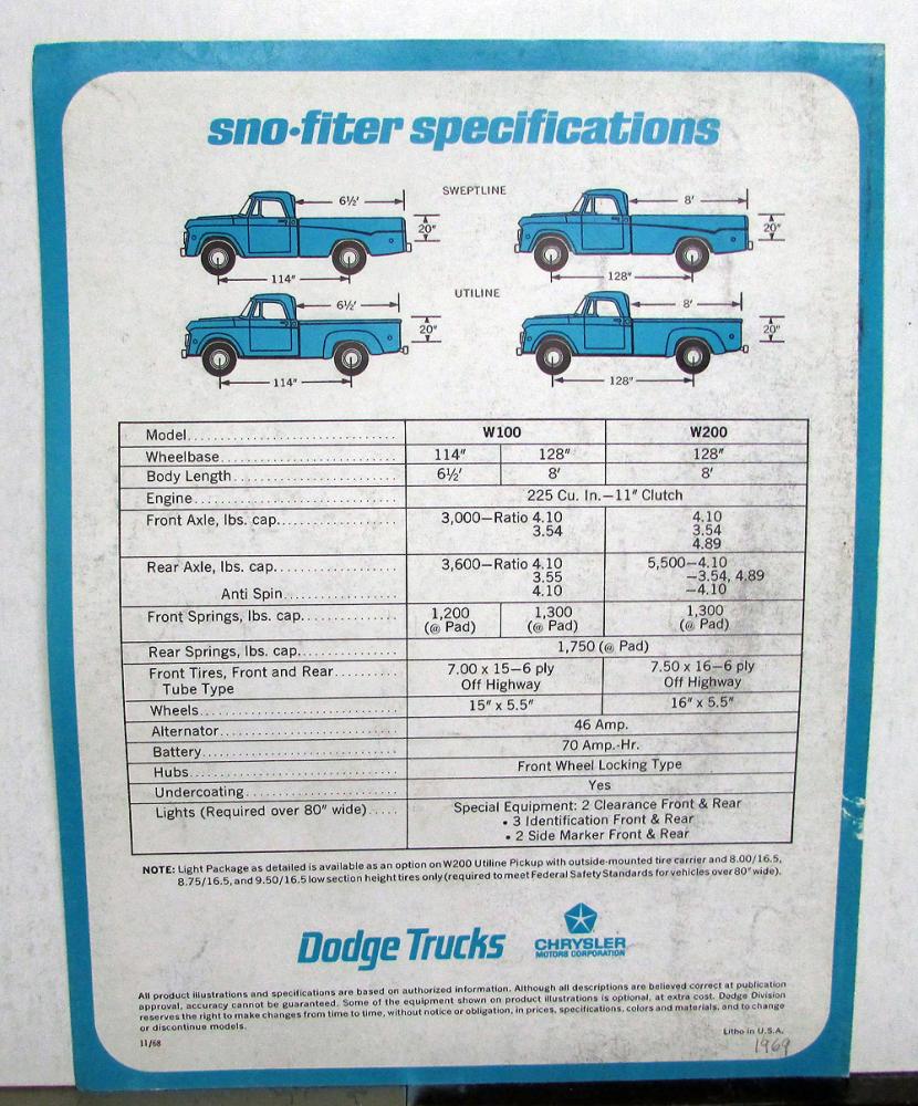 1969 Dodge Truck W100 W200 Truck SNOFITER Sales Folder Data Sheet Original