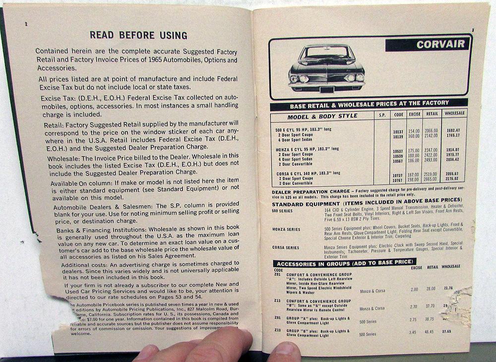 1965 Automobile Pricebook New Car Prices GM Ford Mopar AMC Original