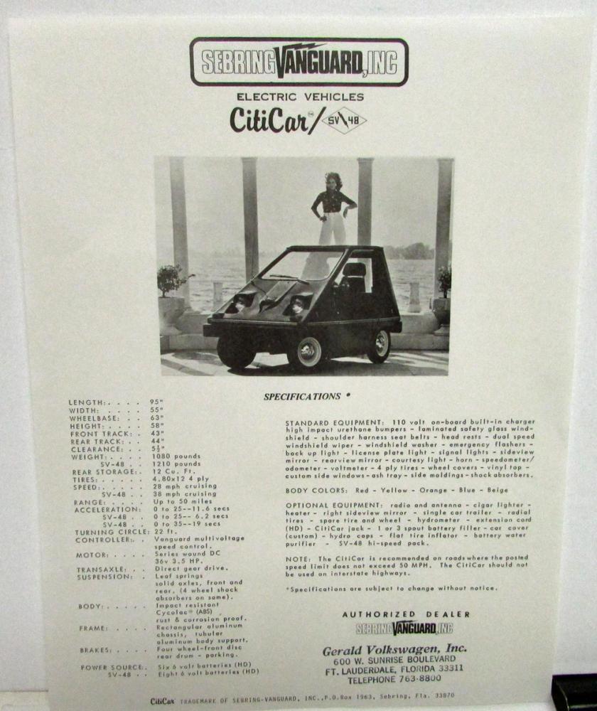 1974 Sebring Vanguard Electric Vehicle CitiCar Sport Coupe Dealer Sales Kit