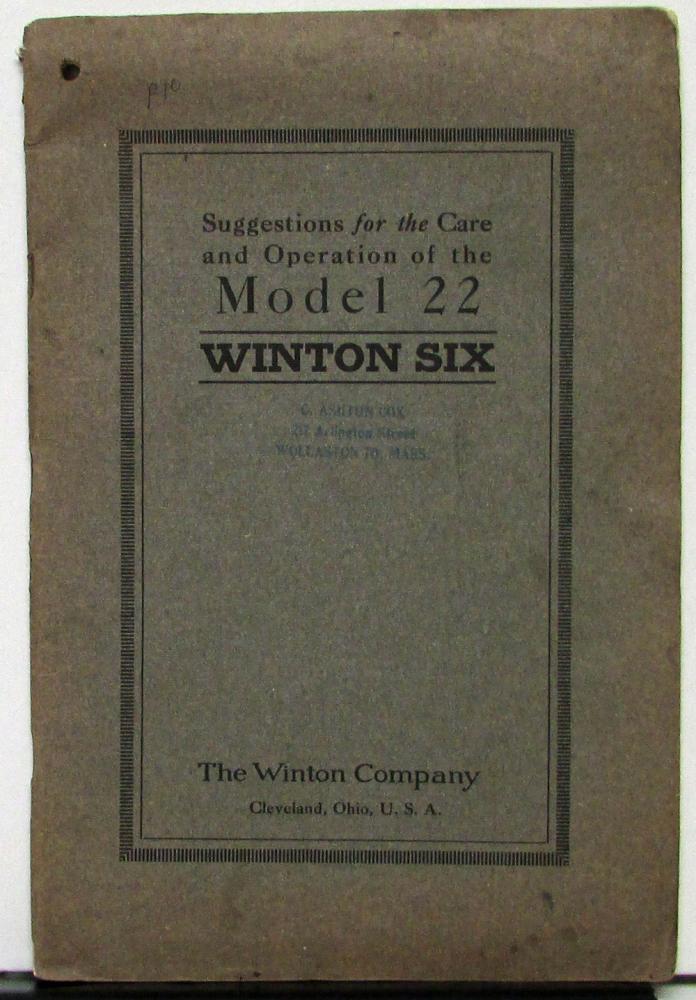 1916 1917 Winton Six Model 22 Motor Car Owners Manual Care & Operation ...