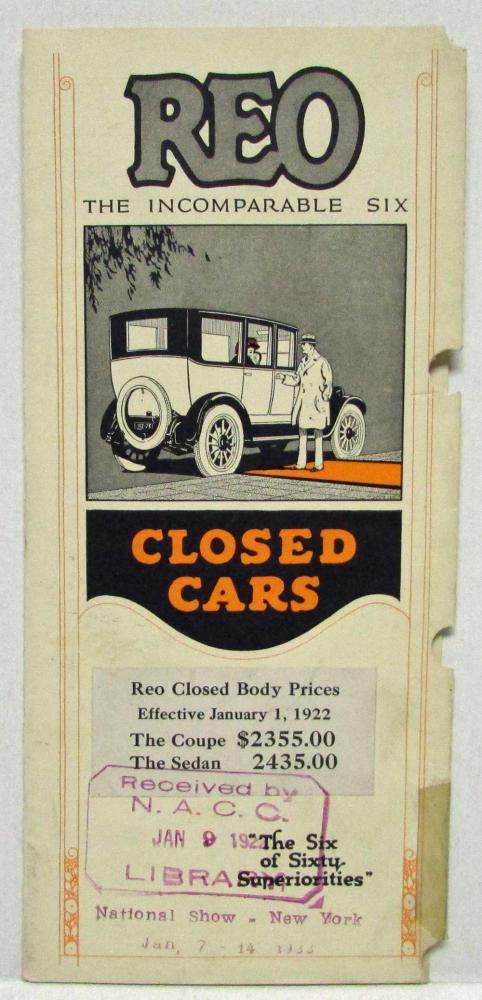 1922 REO Six Closed Coupe Sedan Cars Abridged Specs Sales Brochure ...