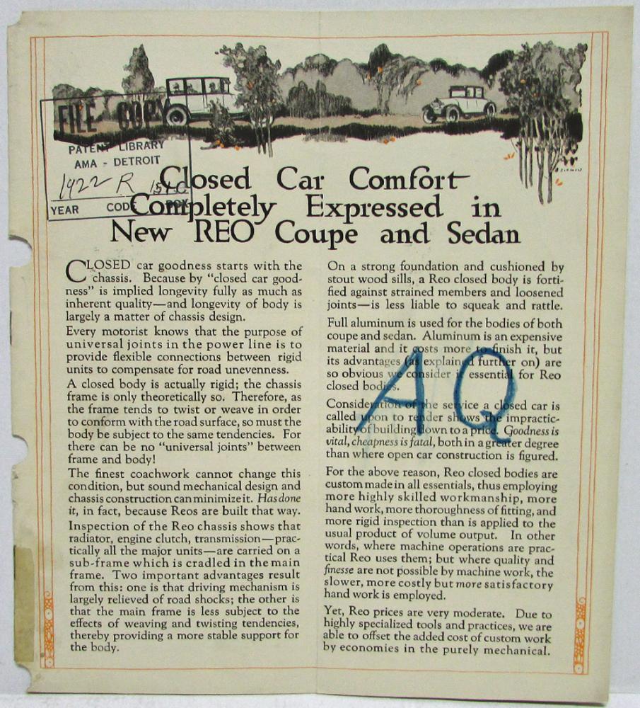 1922 REO Six Closed Coupe Sedan Cars Abridged Specs Sales Brochure ...