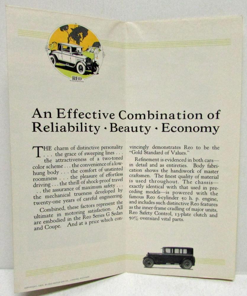 1925 REO Model G Sedan Coupe Specifications Sales Brochure Folder Original