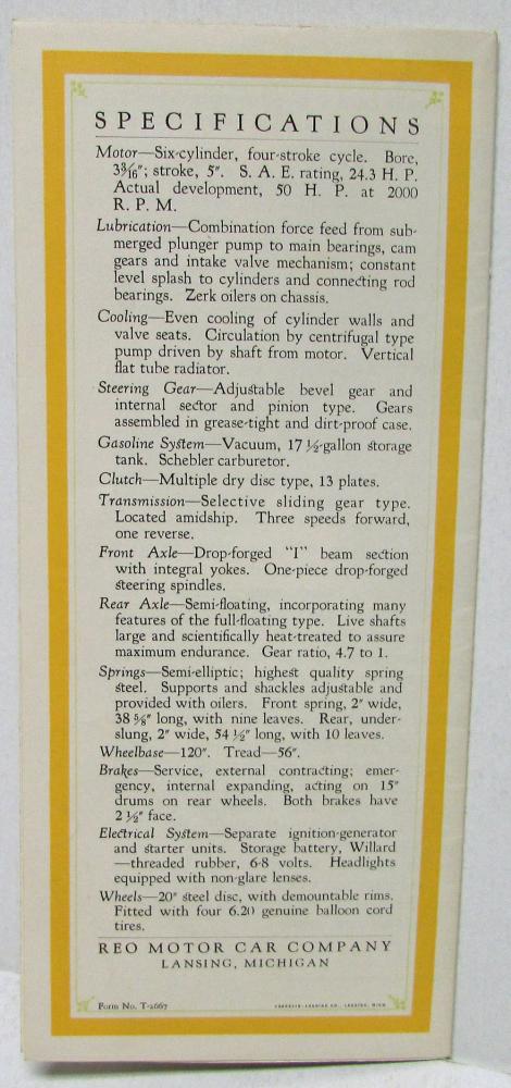 1925 REO Model G Sedan Coupe Specifications Sales Brochure Folder Original