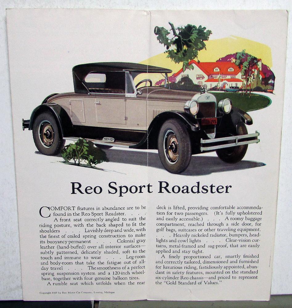 1925 REO Roadster Coupe Sedan Passenger Cars Spec Sales Brochure Folder ...