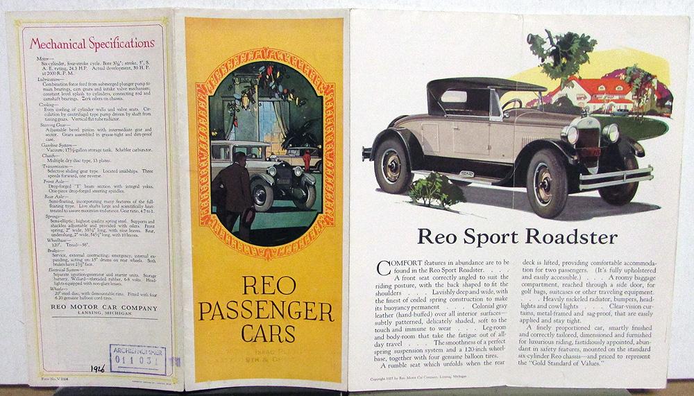 1925 REO Roadster Coupe Sedan Passenger Cars Spec Sales Brochure Folder ...