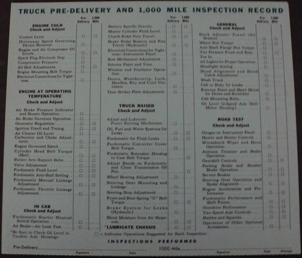 1954 Ford Pre-Delivery and 1000 Mile Inspection Record Form ORIGINAL