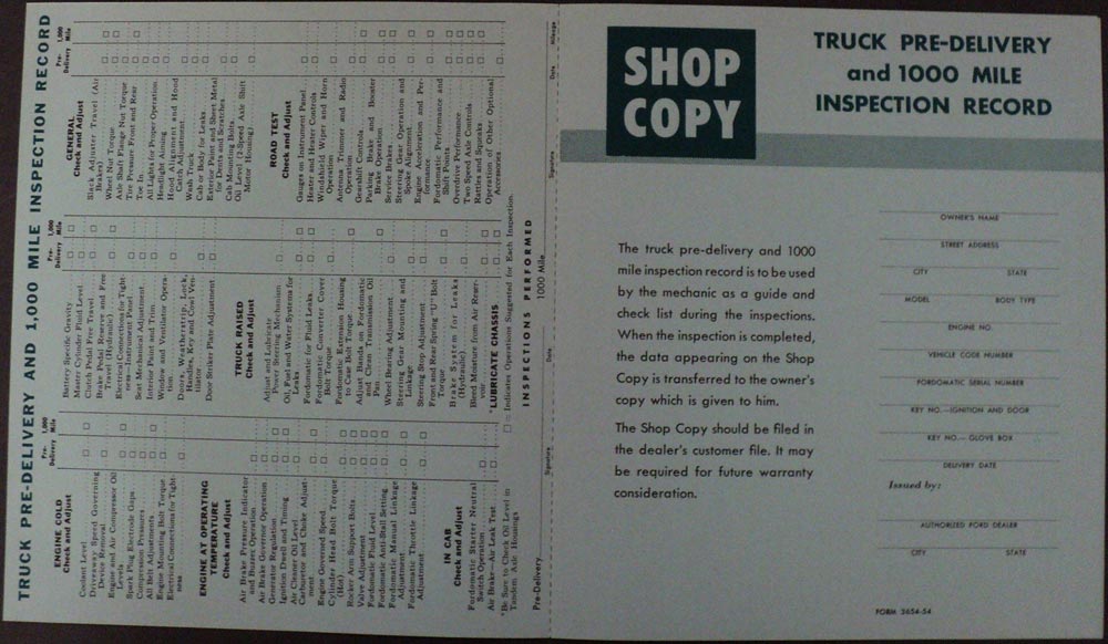 1954 Ford Pre-Delivery and 1000 Mile Inspection Record Form ORIGINAL