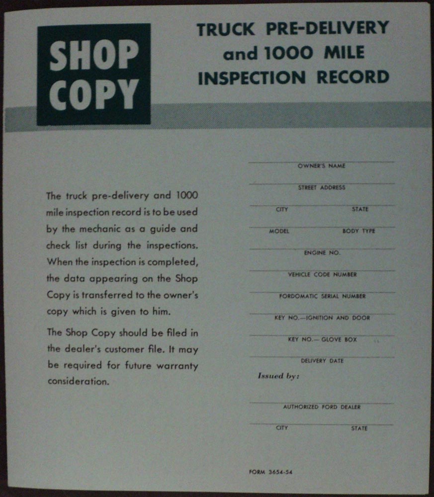 1954 Ford Pre-Delivery and 1000 Mile Inspection Record Form ORIGINAL