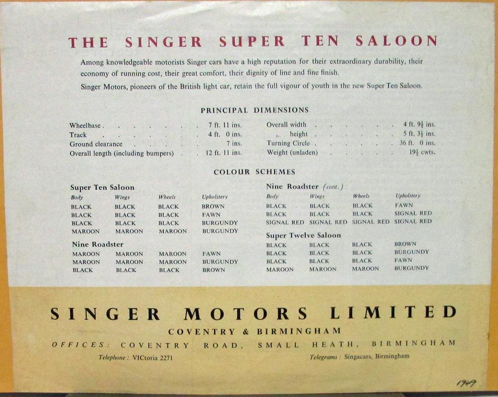 1946 47 48 49 Singer Motors Limited Super Ten Saloon Orig ENGLAND Sales ...