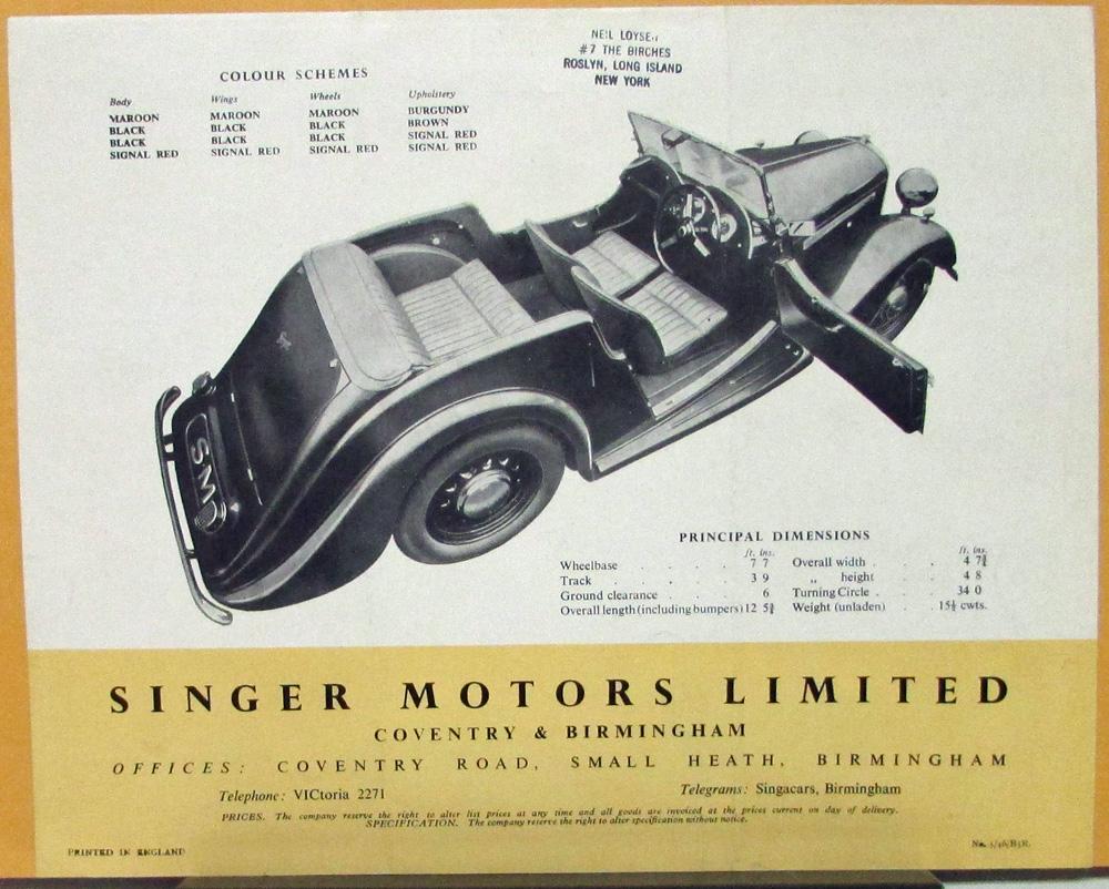 1946 47 48 49 Singer Motors Nine HP Roadster Orig ENGLAND Sales Folder