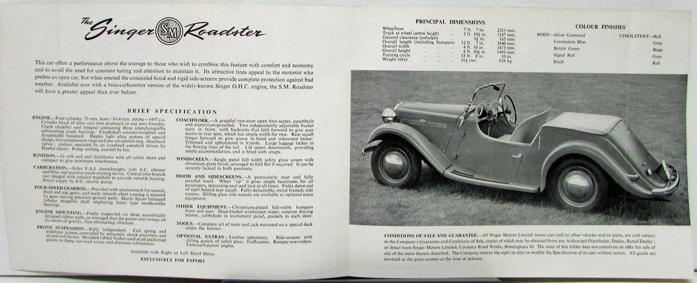 1951 1952 1953 ? Singer Motors Roadster Sales Folder England Original