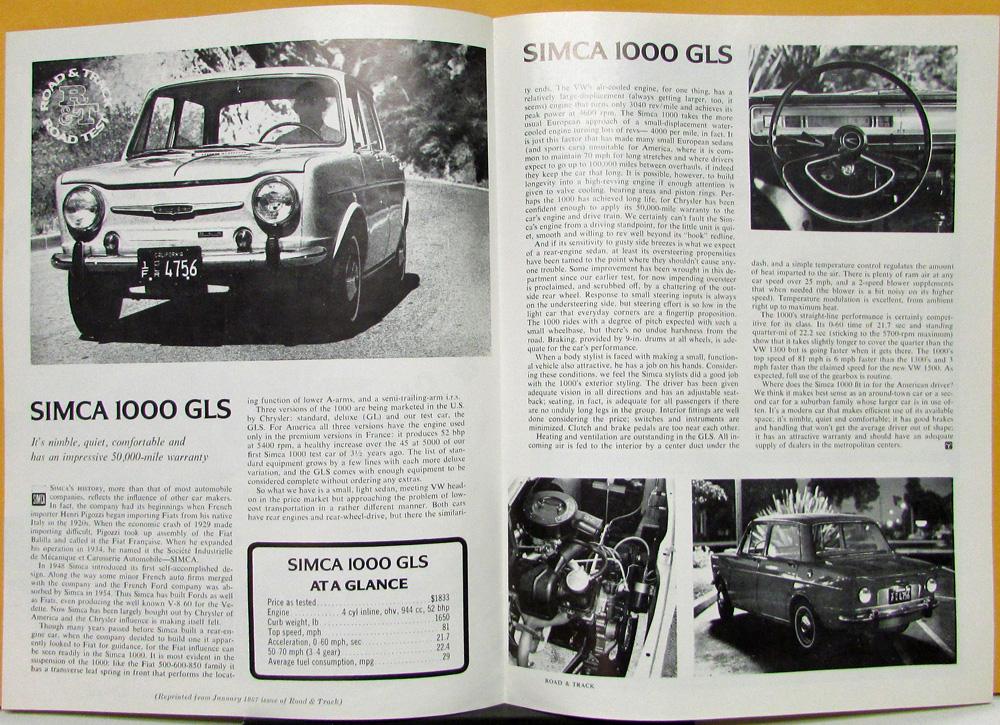 1967 SIMCA 1000 GLS Road Test Article From Road & Track Article ...