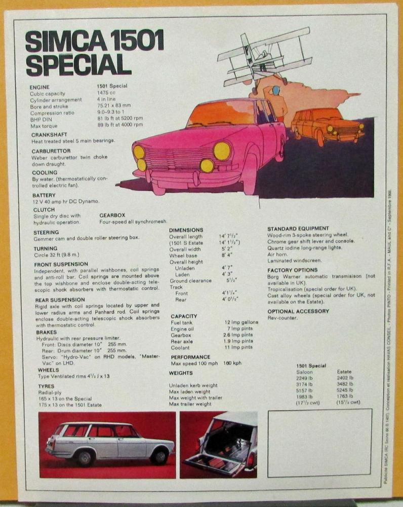 1969 SIMCA 1501 Car UK English Sales Data Sheet Color Original