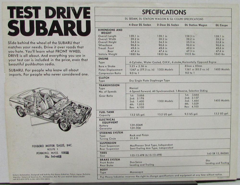 1973 1974 1975 1976 Subaru DL Sedan Wagon GL Coupe FWD Sales Data Sheet