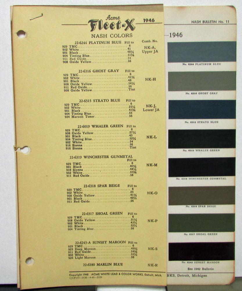 1946 Nash Color Paint Chips Leaflet Acme Ambassador 600 Original