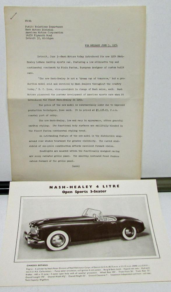 1954 Nash Healey Press Kit Media Release Sports Car Pinin Farini ...