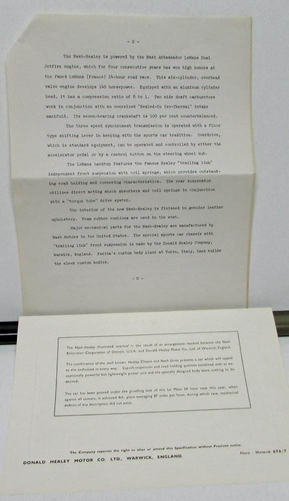 1954 Nash Healey Press Kit Media Release Sports Car Pinin Farini ...