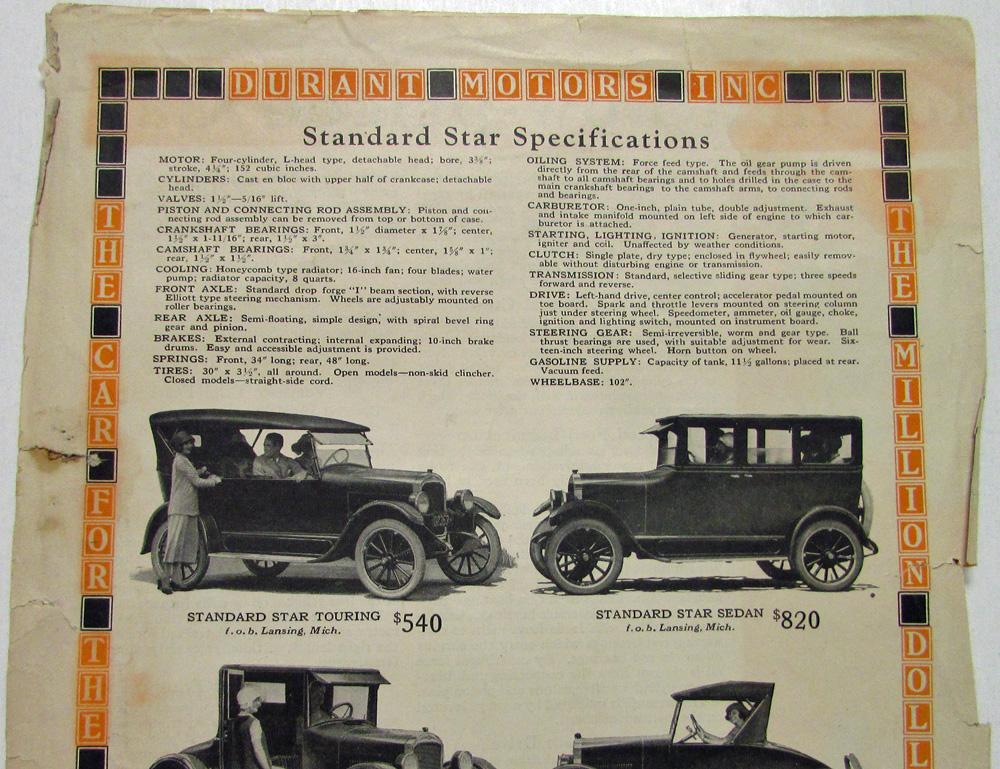 1925 Durant Star Cars Standard Star Specs Sales Folder ORIGINAL
