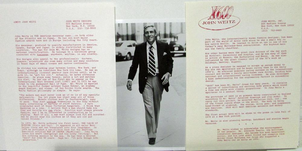1979 X600 John Weitz Auto Glossy BW AD Photos & Text Pages Original