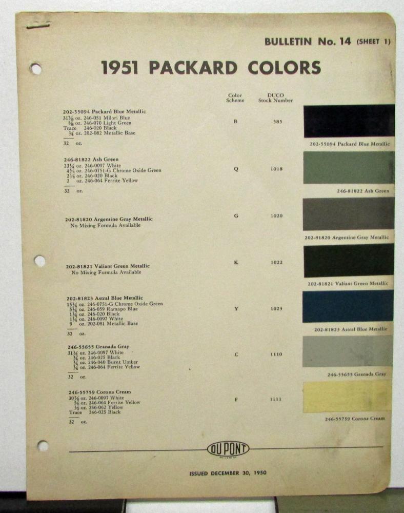 1951 Packard Color Paint Chips DuPont Formulas Leaflet Original
