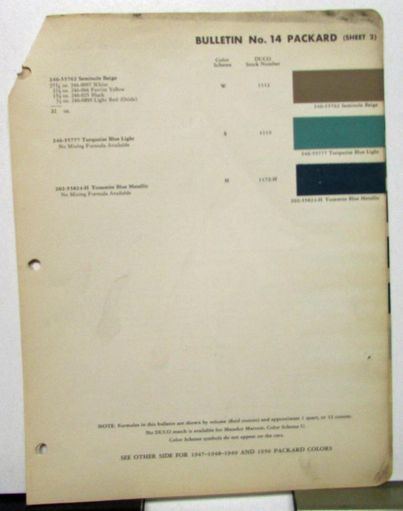 1951 Packard Color Paint Chips DuPont Formulas Leaflet Original