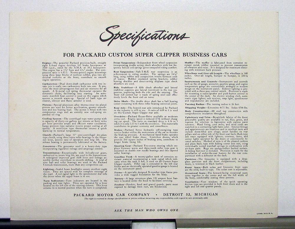 1947 Packard Custom Super Clipper Limousine Model 2126 Brochure ...