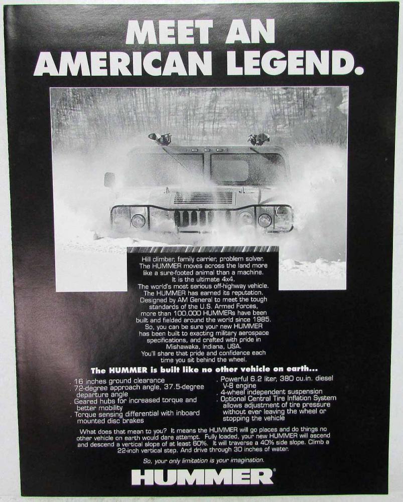 1992 Hummer Meet an American Legend Black and White Sales Brochure