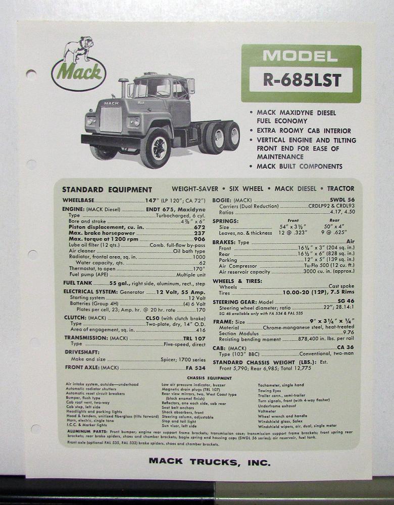 1967 Mack Truck Model R 685LST Specification Sheet