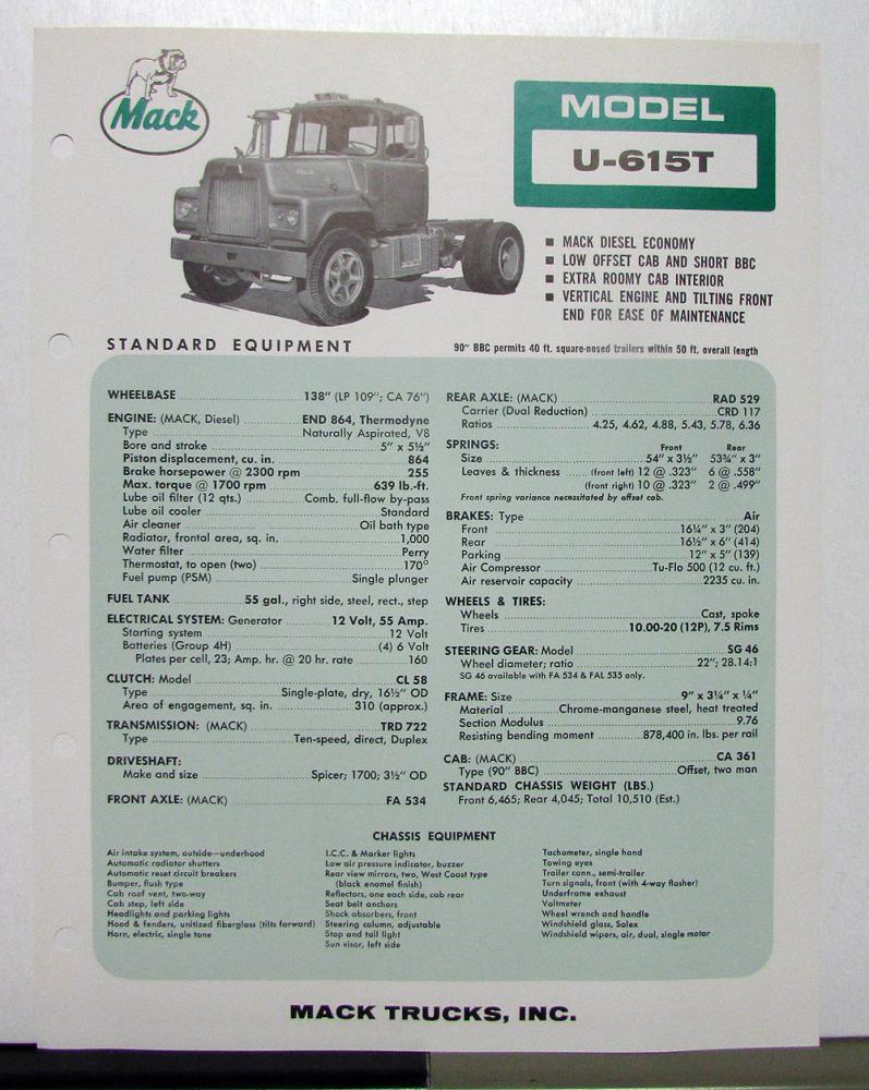 1967 Mack Truck Model U 615T Specification Sheet