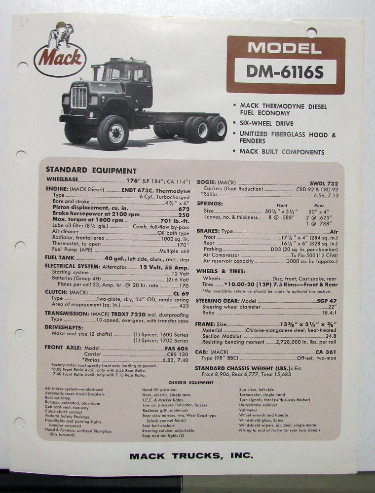 1969 Mack Truck Model DM 6116S Specification Sheet