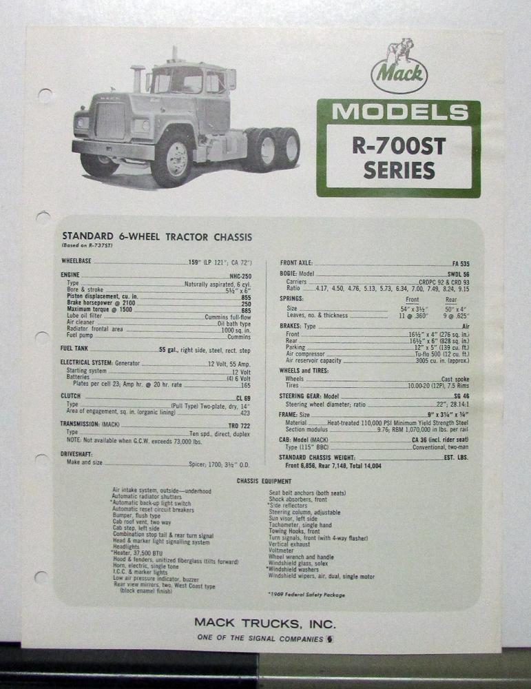 1970 Mack Truck Model R 700ST Specification Sheet