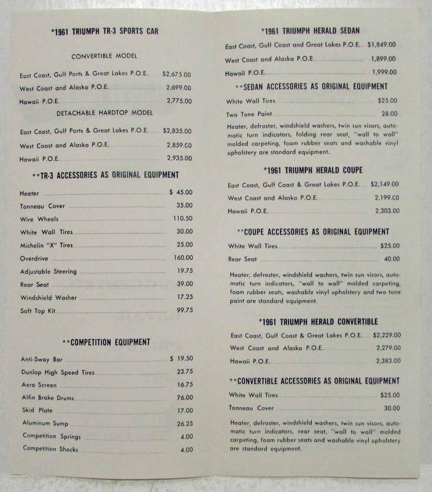 1961 Triumph Suggested Retail Price List Effective October 1960